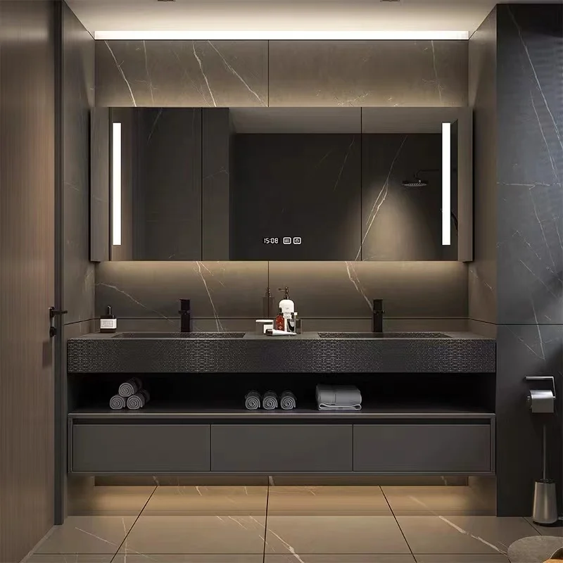 Rock-slab integrated basin bathroom cabinet modern simple bathroom ...