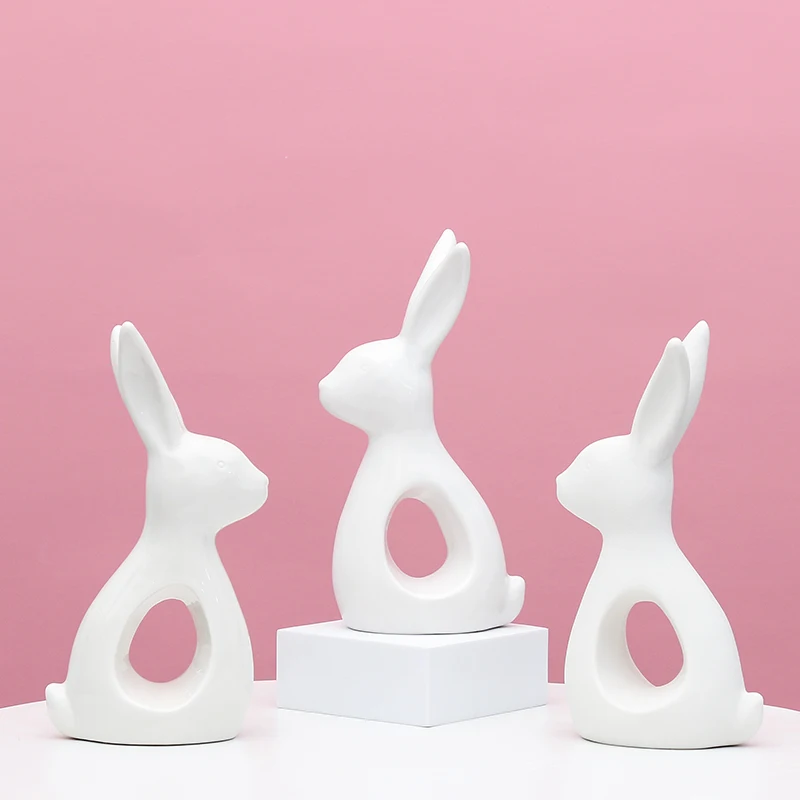 Nordic Decor White Ceramic Hares Figurines Crafts Easter Bunny Art ...
