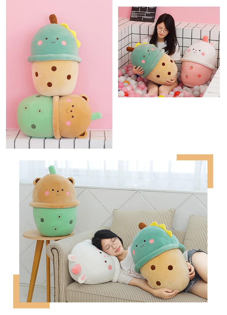 Cute Plush Toy Custom Bear Rabbit Dinosaur Milk Tea Doll Soft Pillow Stuffed Bubble Tea Boba ...