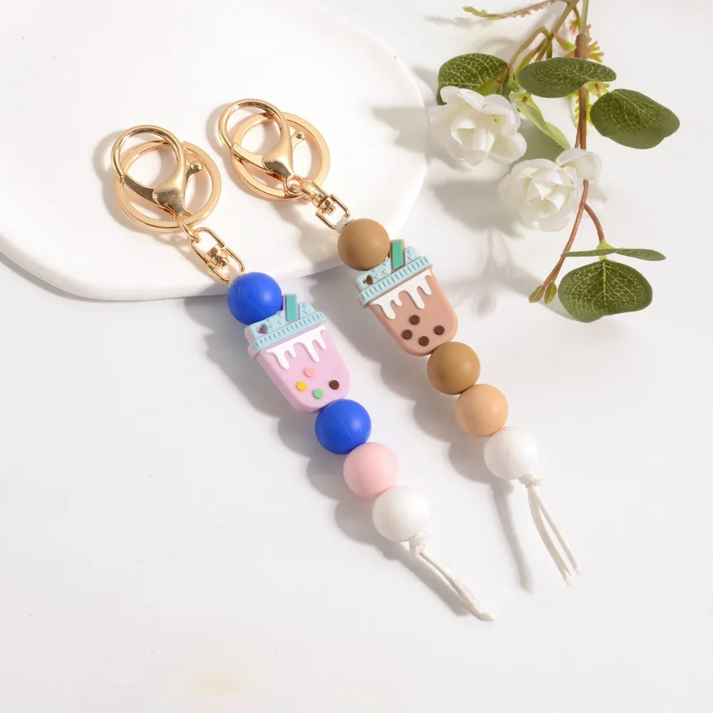 Bubble Tea Teacher Keychain Cute DIY Keyrings Silicone Beads Hand Woven ...