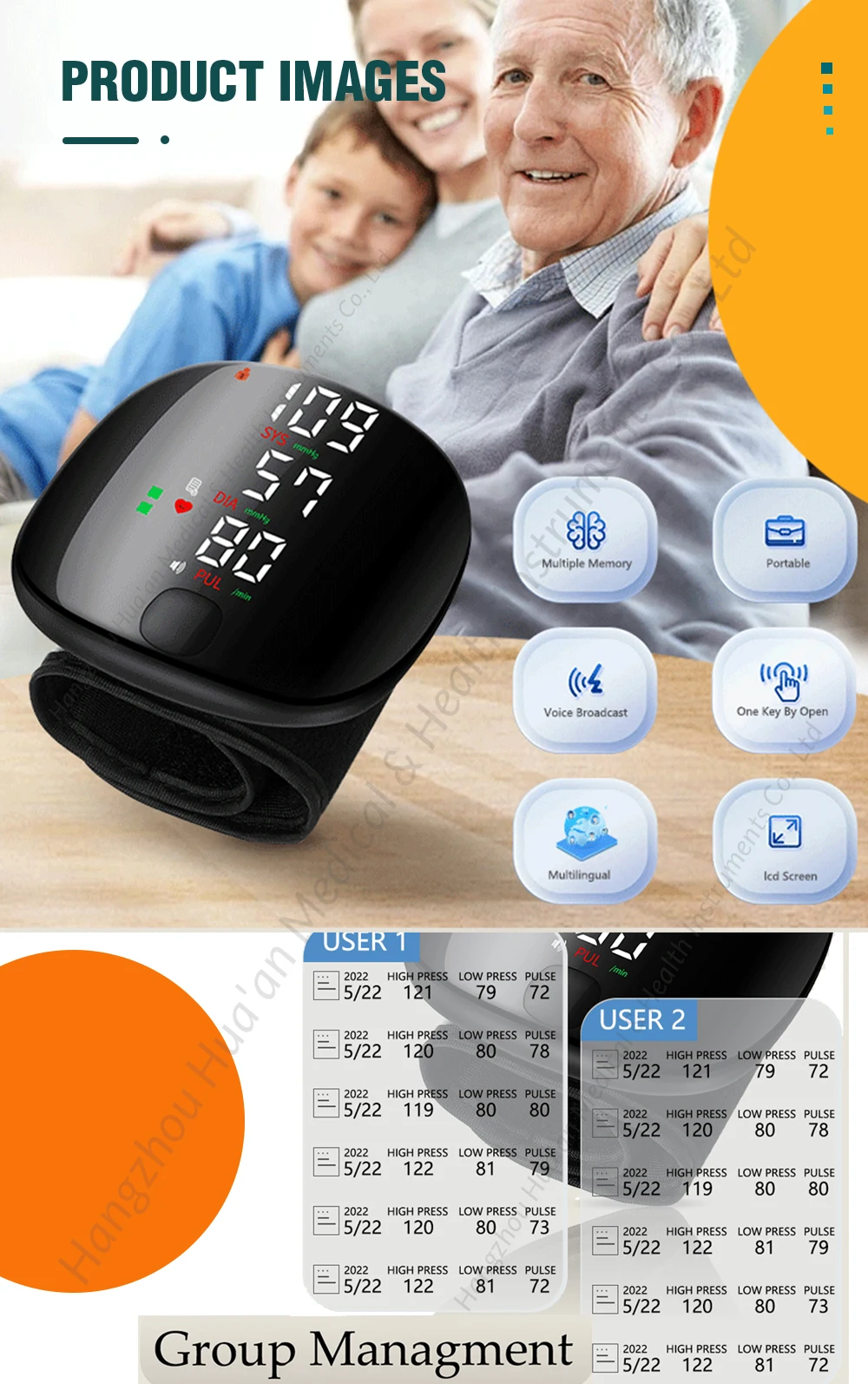 HUAAN Rechargeable Voice Broadcasting Electronic Sphygmomanometer Wrist ...