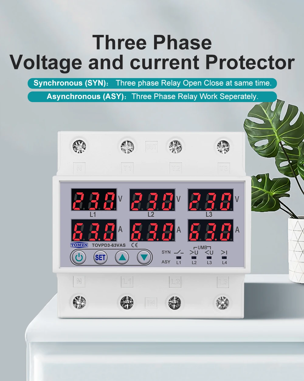 3 Phase 63A Din Rail Adjustable over under Voltage Protection Relay