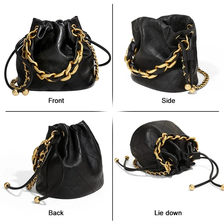Toutou Genuine Leather Quilted Drawstring Bucket Bag For Women With ...