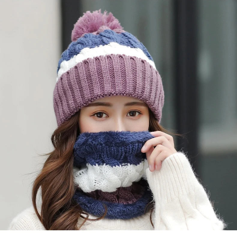 Women Winter Hat Scarf Glove 3 In 1 With Pompom Fleece Lined Knitted ...