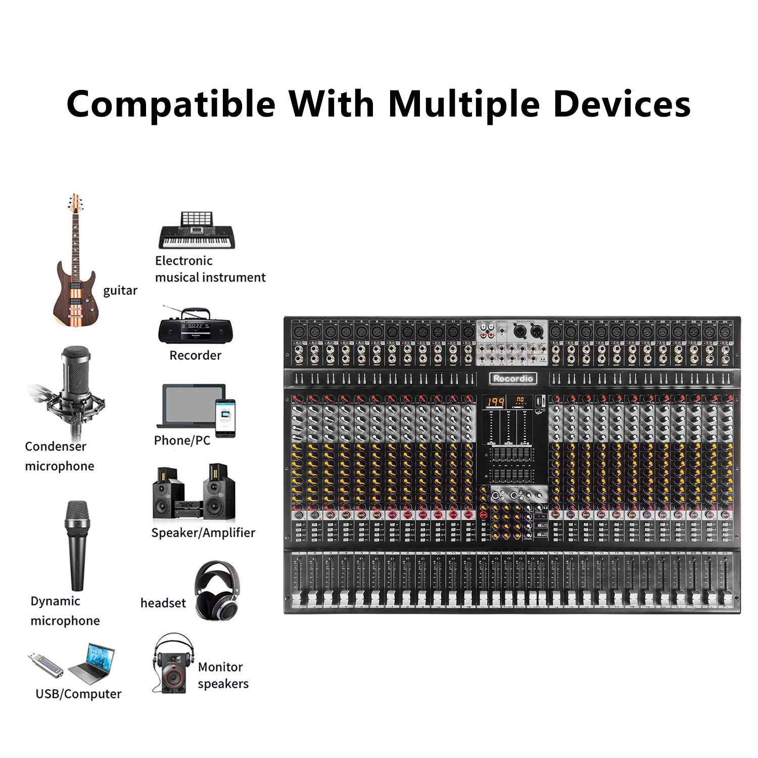 GAX-XM24 Green USB Audio Mixer Console with 24 Channels & AUX Recording ...
