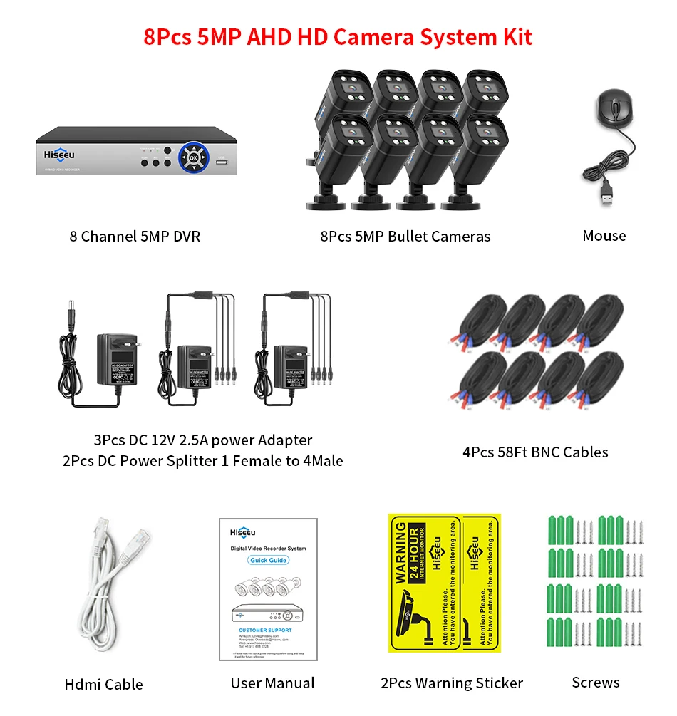 Hiseeu 5mp 8 Channel Ahd Security Camera System Kit 8pcs 5mp Hd Wired ...