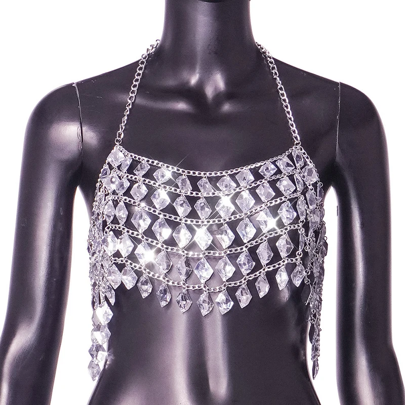 Crystal Body Chain Top - Elegant Acrylic Halter Top