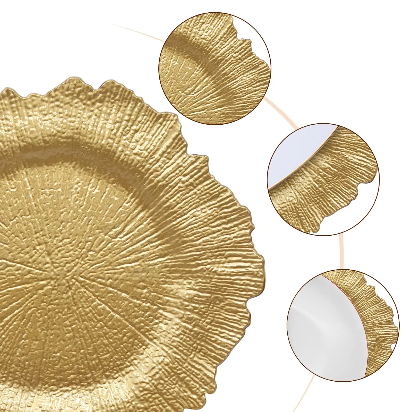 13 Inch Plastic Round Ruffled Rim Dinner Gold Charger Plates with Flora ...