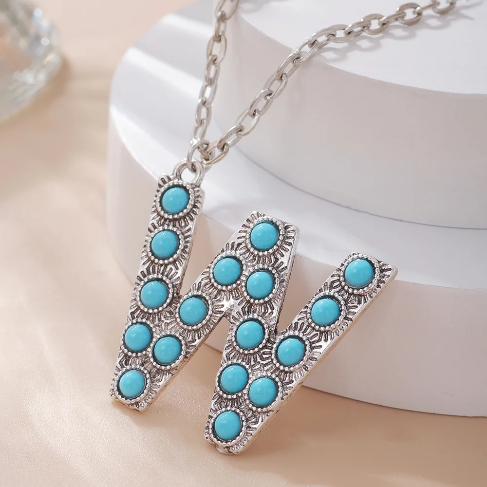 Custom Western Vintage A-z Letter Pendant Necklace Silver Turquoise ...
