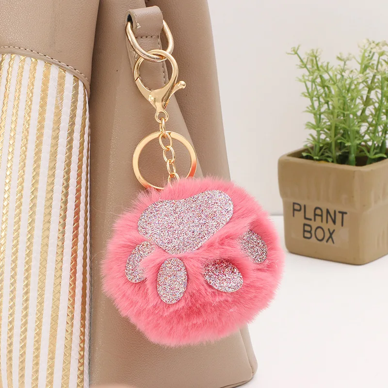 Cute Faux Fur Pom Pom Fluffy Plush Pendant Keychain Car Bag Keyring Cat ...