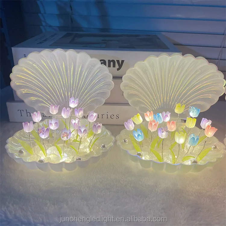 Battery Led Night Light Shell Tulip Flower Table Lamp For Wedding ...