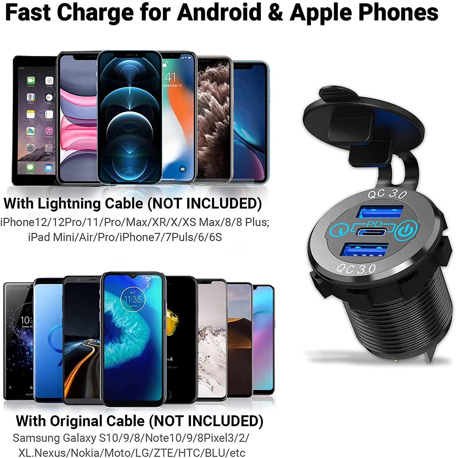 12V 24V 3Port Aluminum QC3.0 PD Type C Car Charger Socket 60W USB C ...
