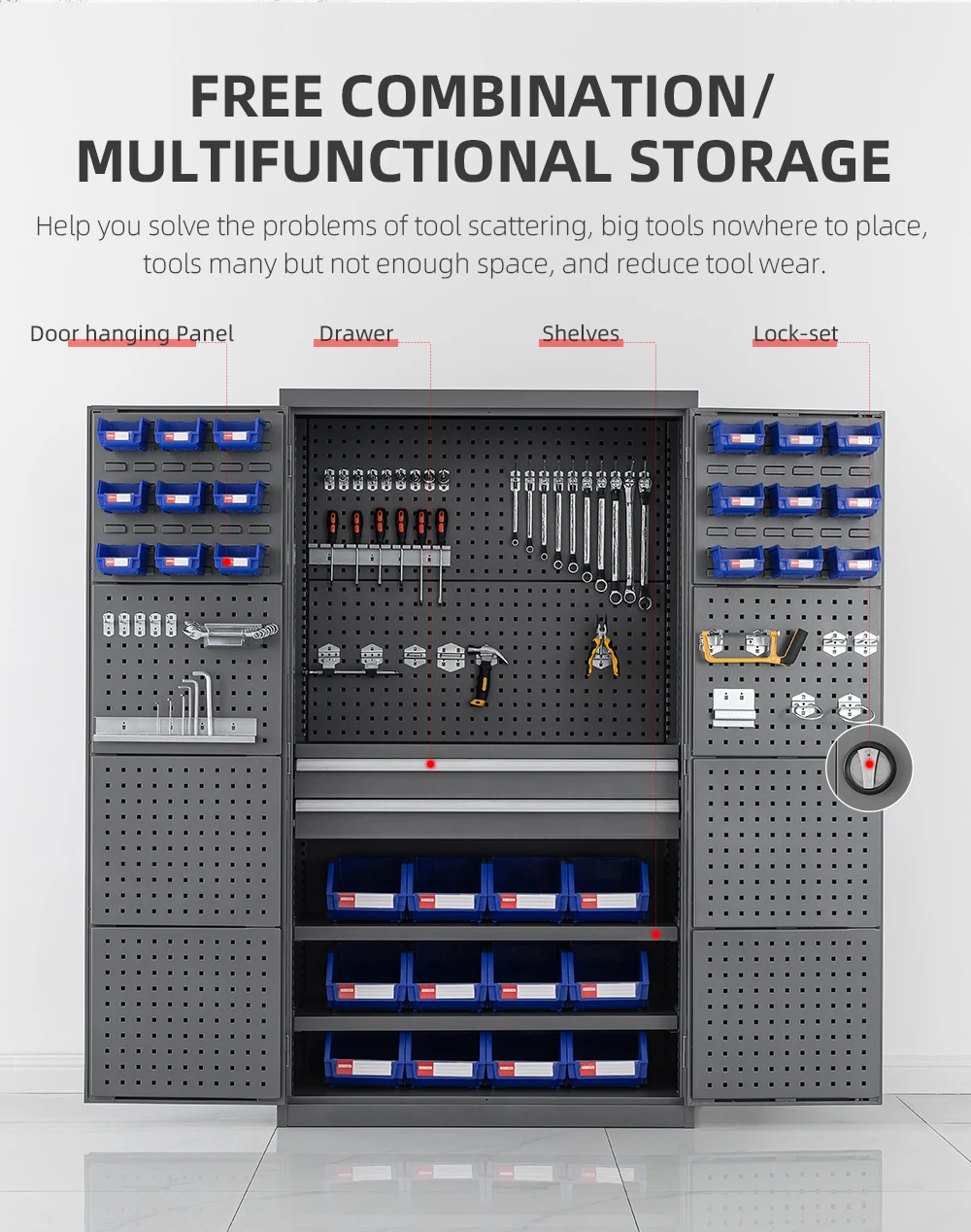 Metal Garage Storage Cabinet Black Lockable With 2 Doors And 4 Drawers ...