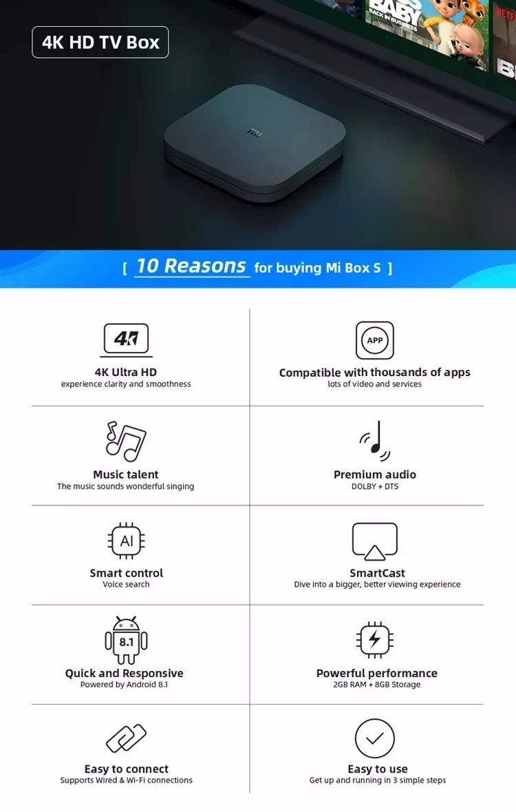 Xiaomi Mi TV Box S 4K - Android 9.0, 2GB RAM, 8GB Storage
