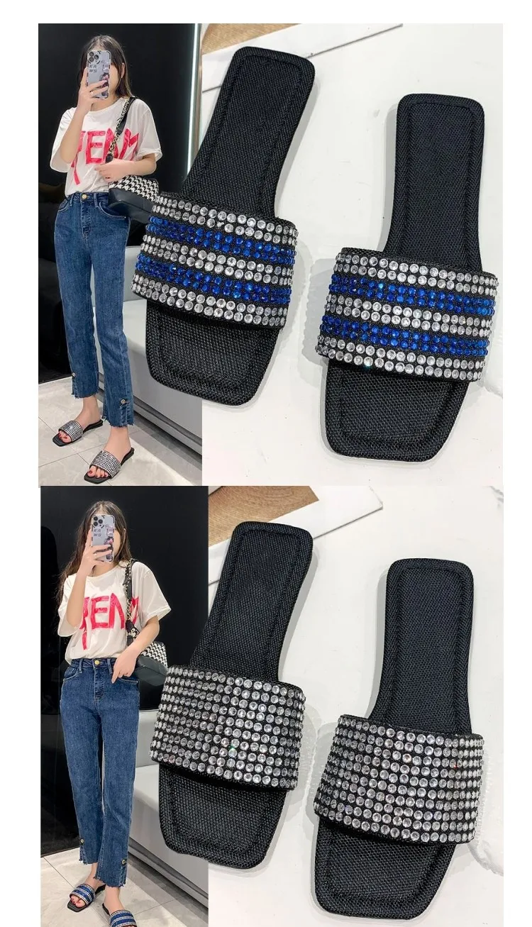 Plus Size Slippers Shining Rhinestone Diamond slippers Flat Sandals for ...