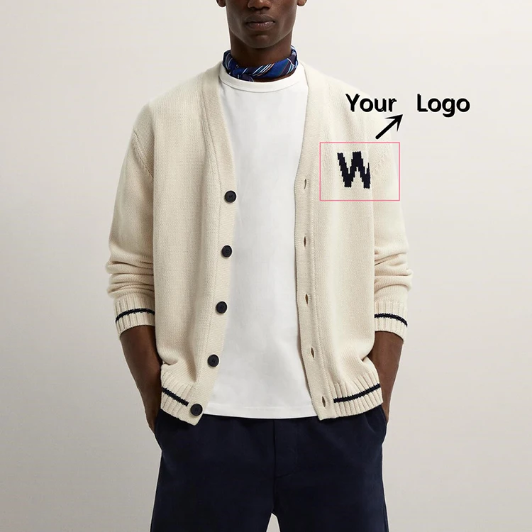 Custom brand logo woolen knit cardigan for men v-neck heavyweight ...