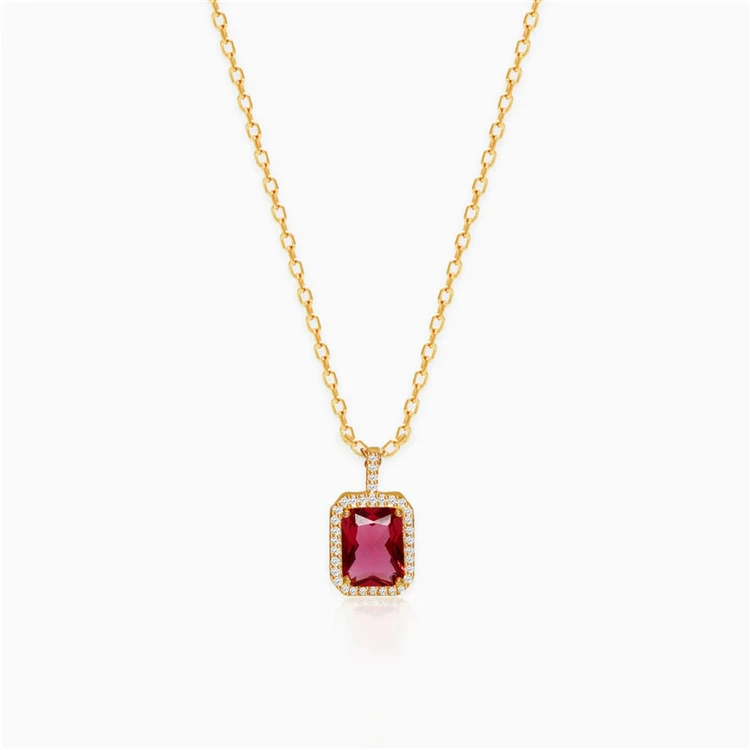 Genuine Square Ruby Pendant Halo Necklace Birthstone Gifts Emerald Cut ...