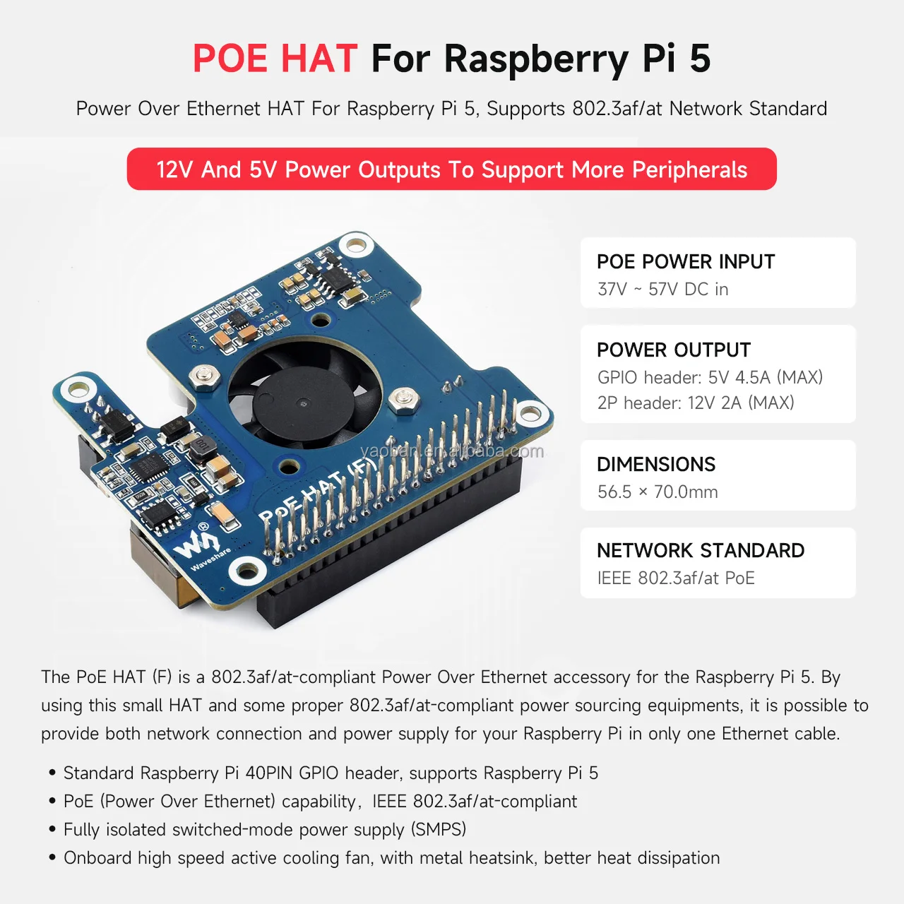 Waveshare Power Over Ethernet Hat (f) For Raspberry Pi 5,High Power ...