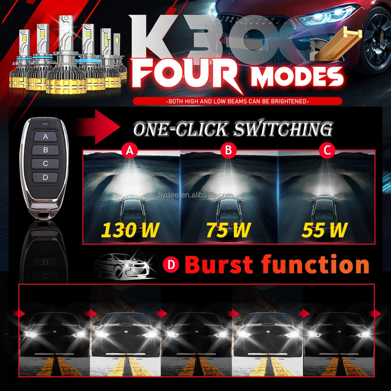 Four Red Copper Pipes LED Headlights 260W H1 H4 H7 H11 HB3 HB4 HIR2 H13 ...