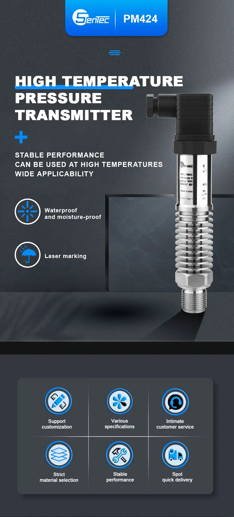 SENTEC High Temperature Hydraulic Sanitary Pressure Transmitter with 4-20mA Output 4-20mA 0-5V 1 ...