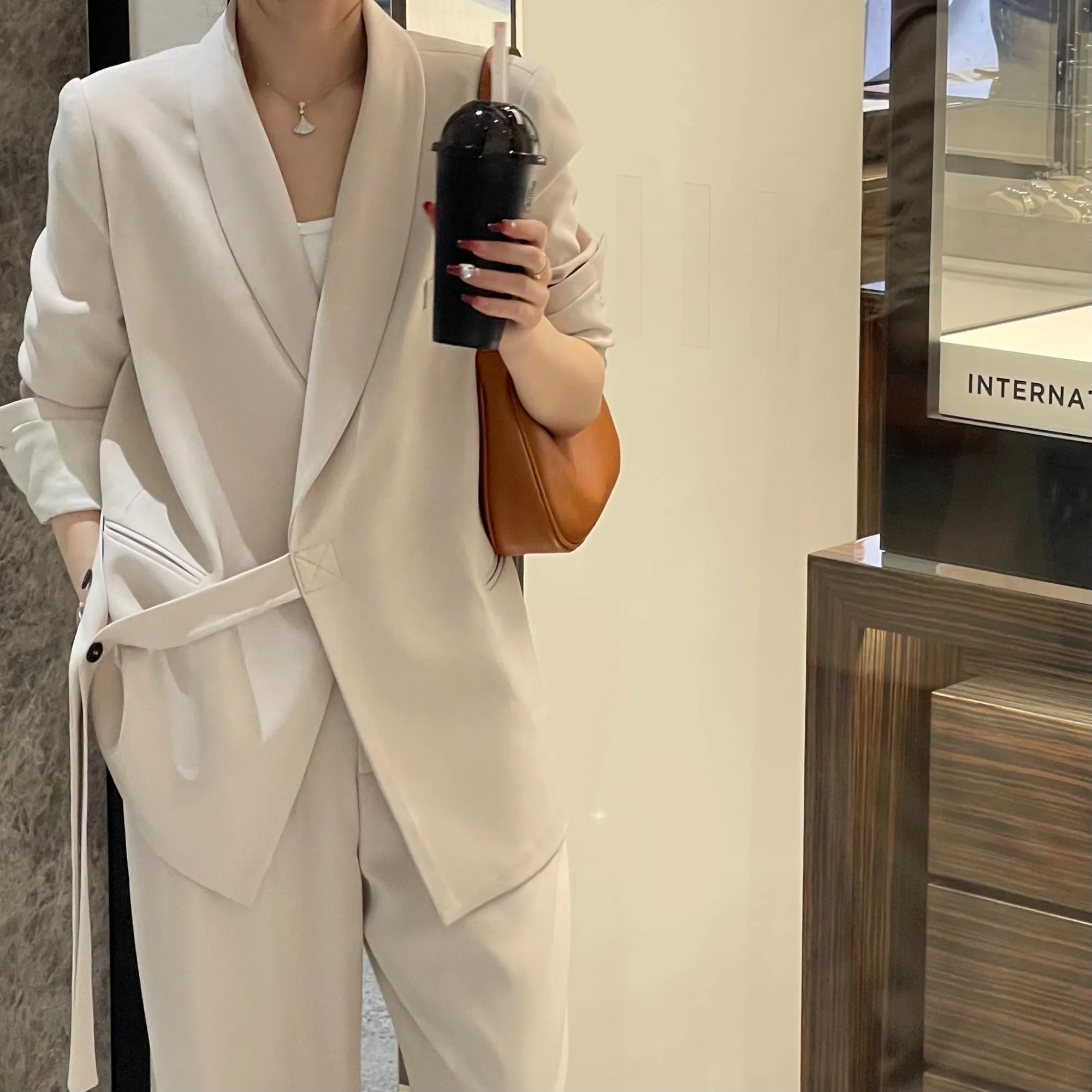 51529# 2023 Women Strap Suit Jacket Wide-leg Pants Two-piece Set Female ...