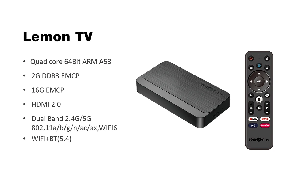 Lemon TV L2 Android 12 Smart TV Box, 4K HD, Wifi6, BT5.0, 2GB RAM, 16GB ...