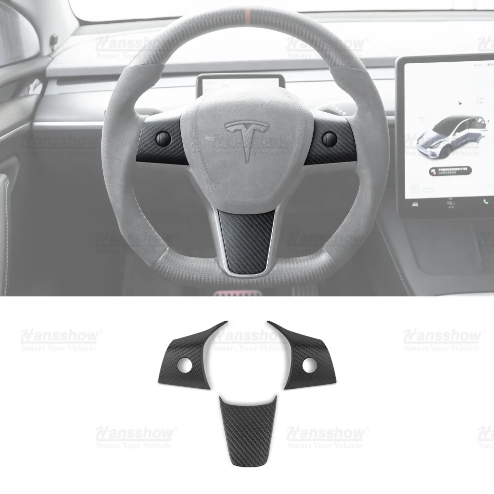 Hansshow Model 3/y Real Carbon Fiber Steering Wheel Panel Trim Cover ...