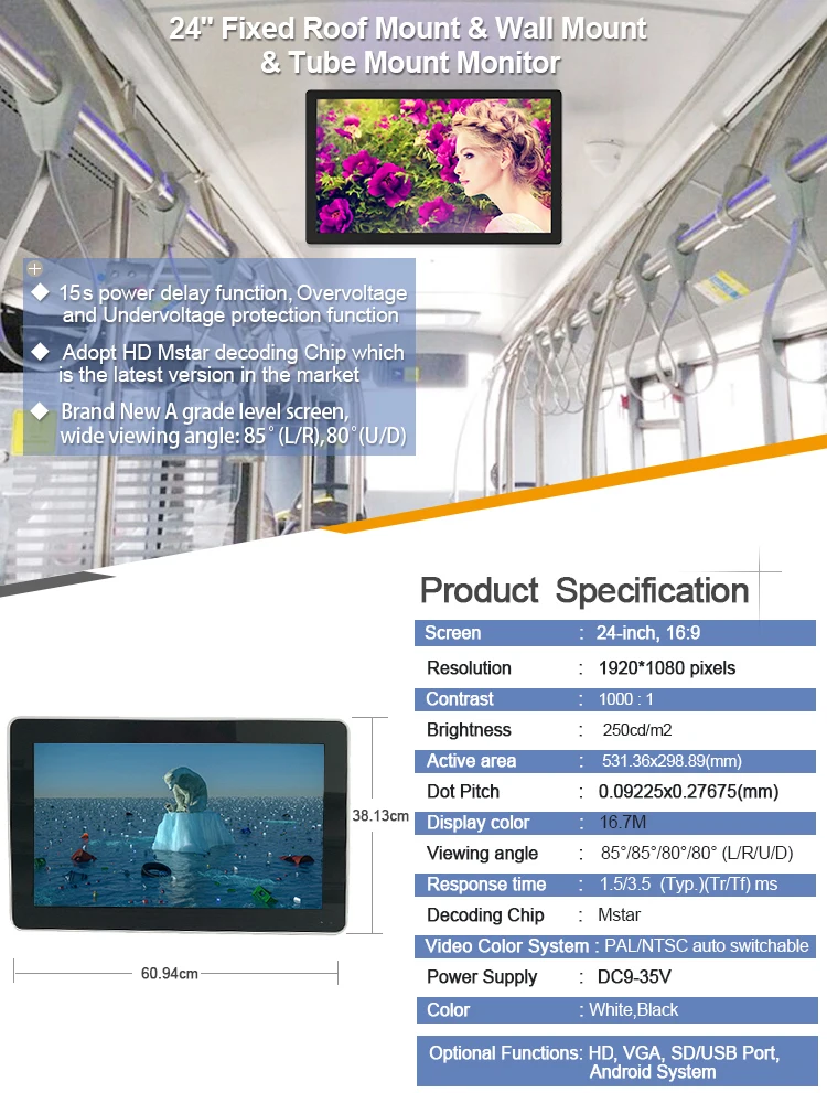 24inch Ceiling Wall Mounted Monitor Multi-language Support Bus Coach ...