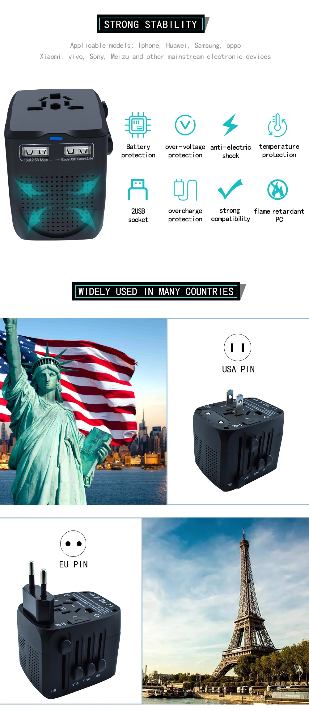 All-in-one Universal 3 Usb 1 Type-c Travel Adapter International Power ...