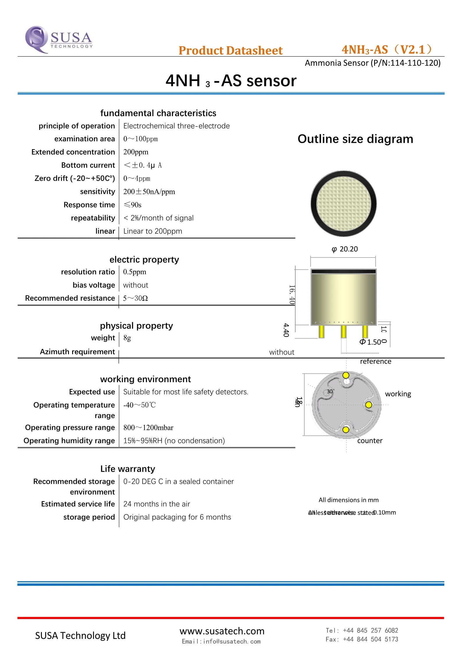 Ammonia Sensor 4NH3-500, High Accuracy, Suitable for Most Life Safety ...