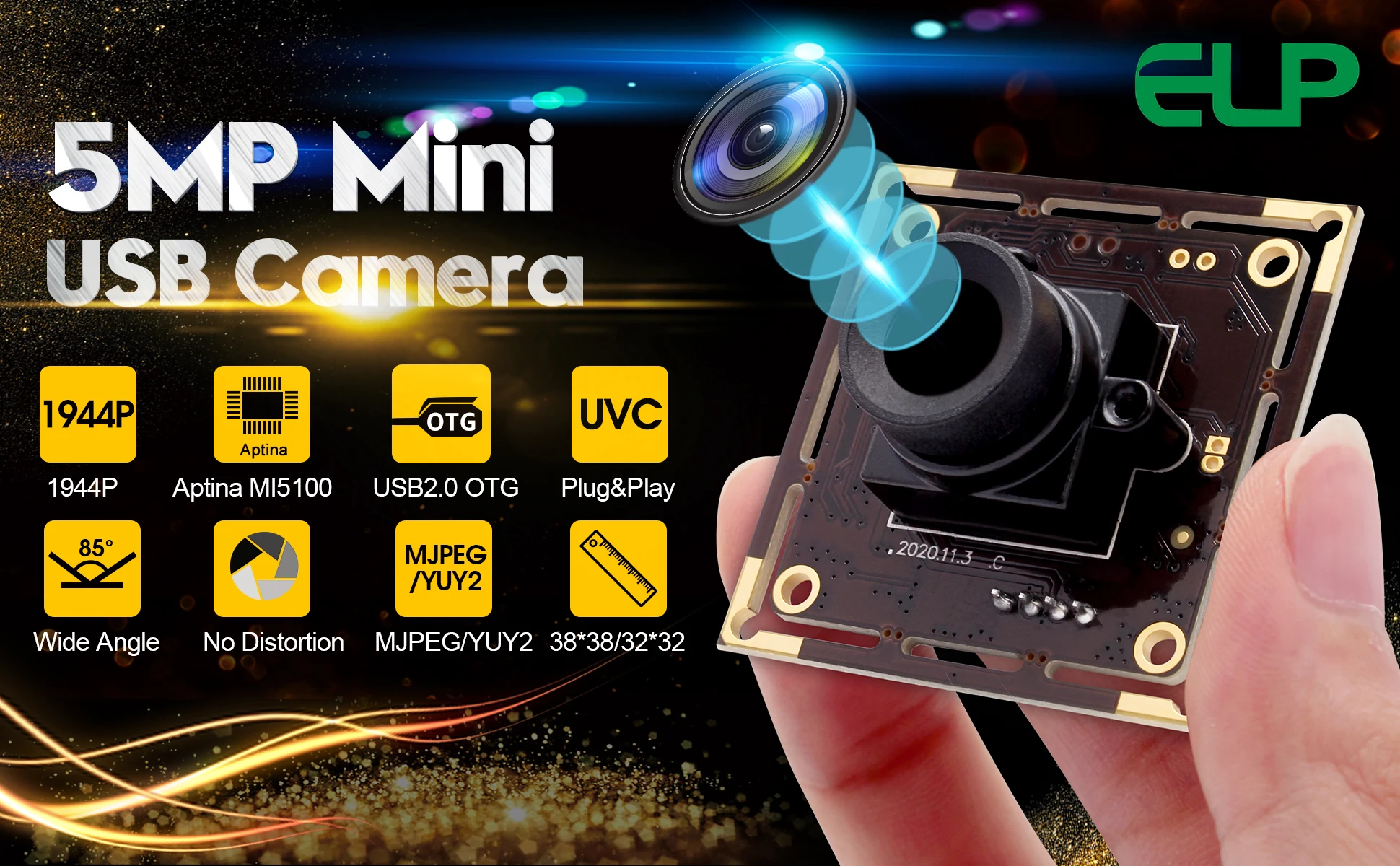 ELP 5MP Wide Angle USB Camera Module - No Distortion Lens