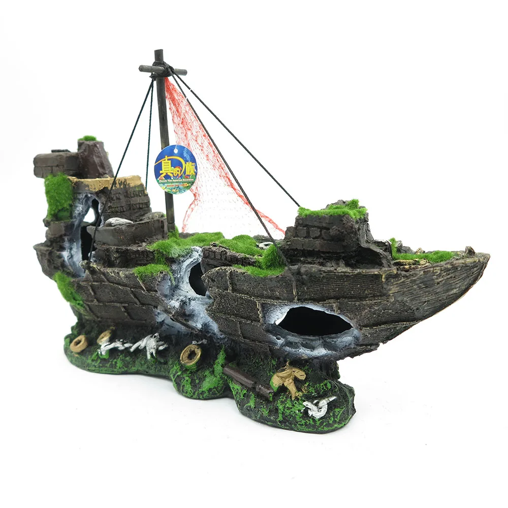 Large Shipwreck Aquarium Decorations Ornament W/ Sail (2 Pieces) 20 ...