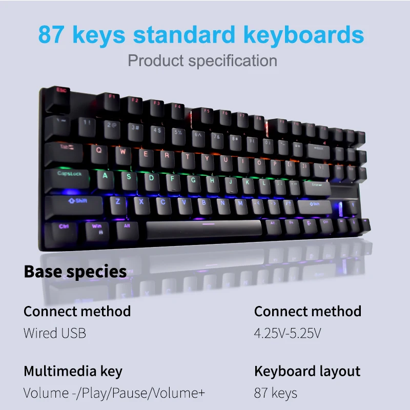 AL087 New Backlit Mechanical Gaming Keyboard 87 Keys Blue Switches RGB ...