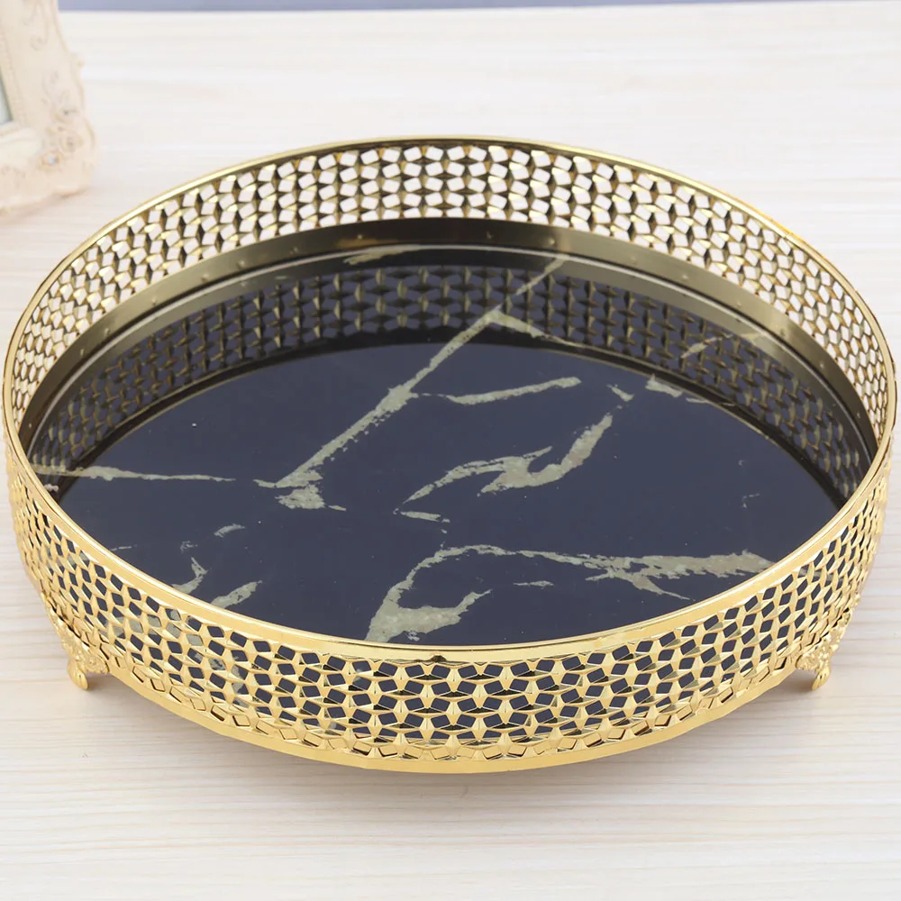 Decorative Tray Glass & Metal Round Mirror Tray Golden Colour Small ...