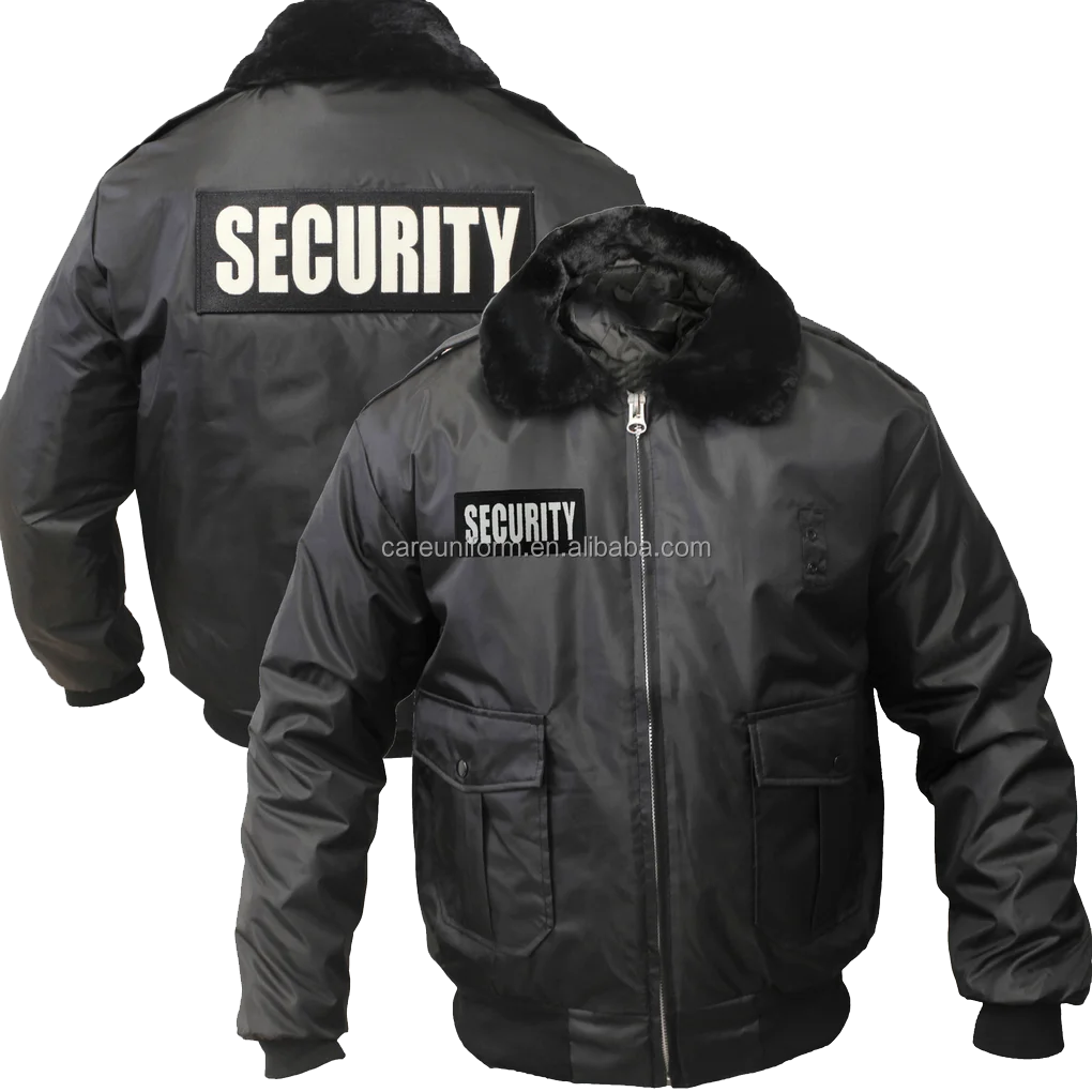 Style Security Uniform Men Winter Satin Bomber Jacket Black Fur Neck ...
