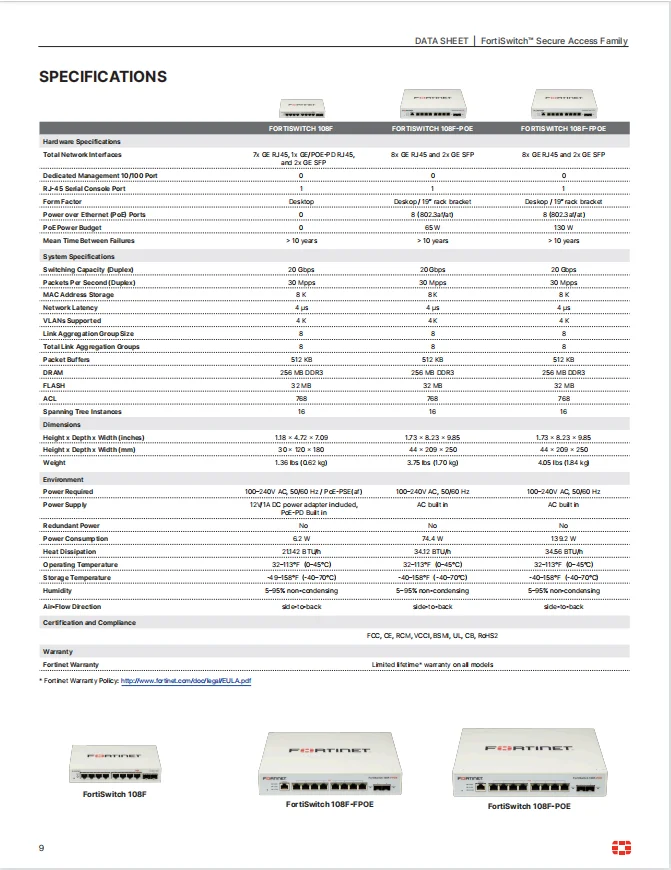 Fortinet Fs-108f第2层fortigate交换机控制器兼容poe + 或24x7软件许可证fortinet Fs-108f ...