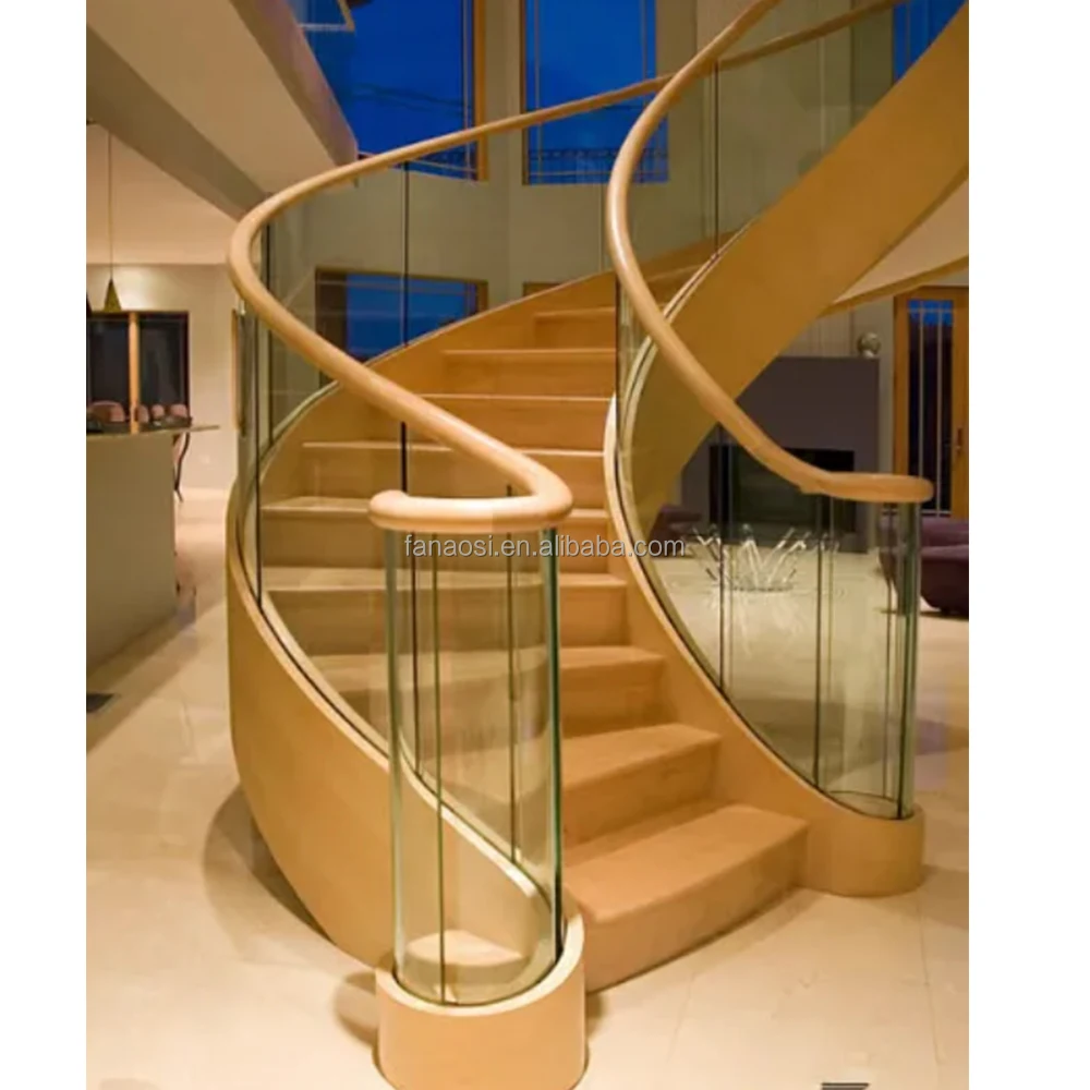 Villa Prefab Led Modern Oak Treads Timber Color Curved Glass Wood ...