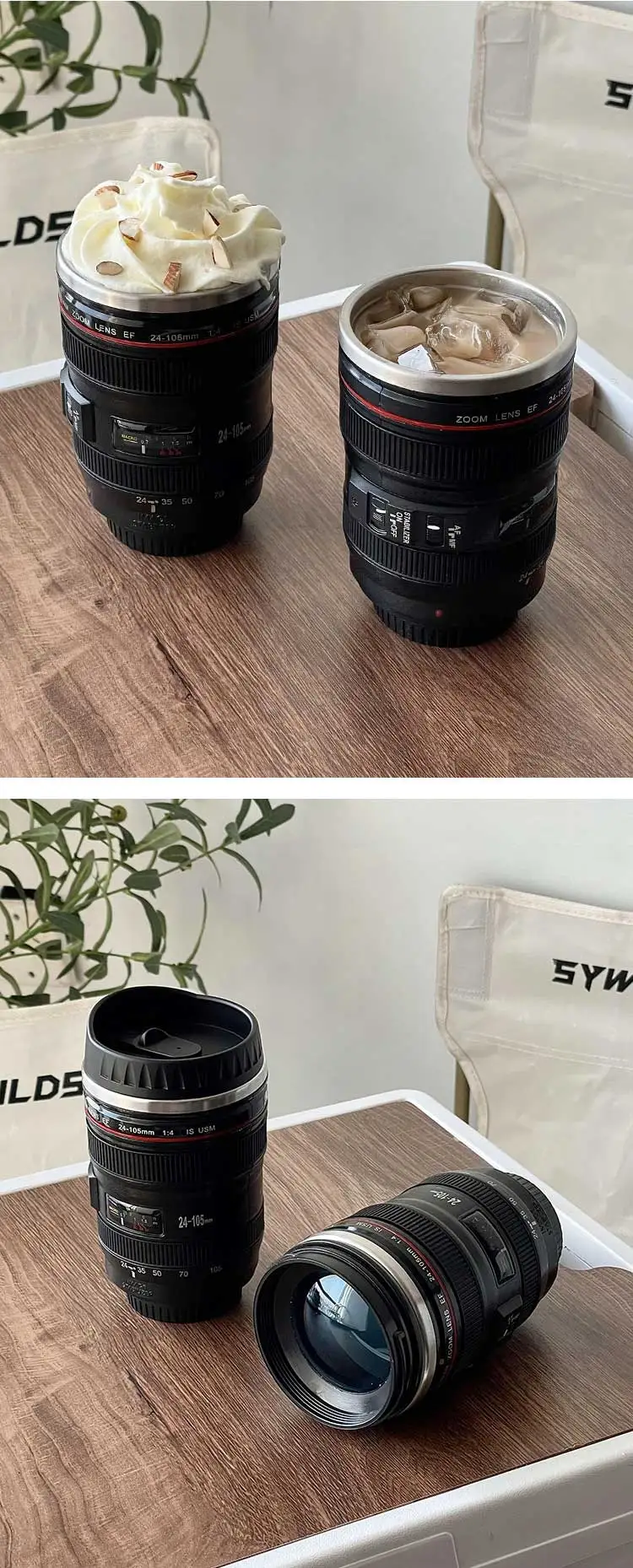 300ml Self Stirring Coffee Mug Retractable Lid Camera Lens Coffee Mug ...