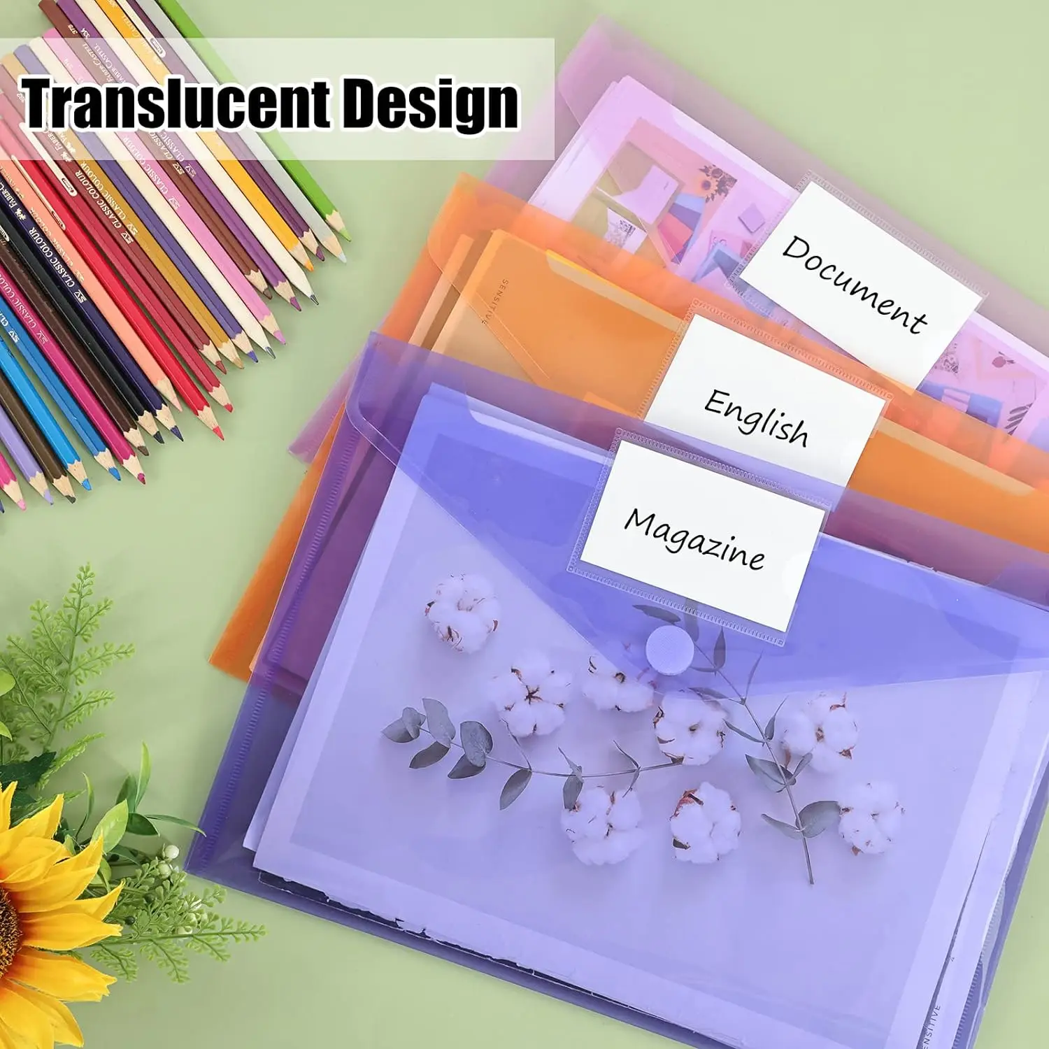 A4 Size Colored Plastic File Envelopes with Paste Button Clear Document ...