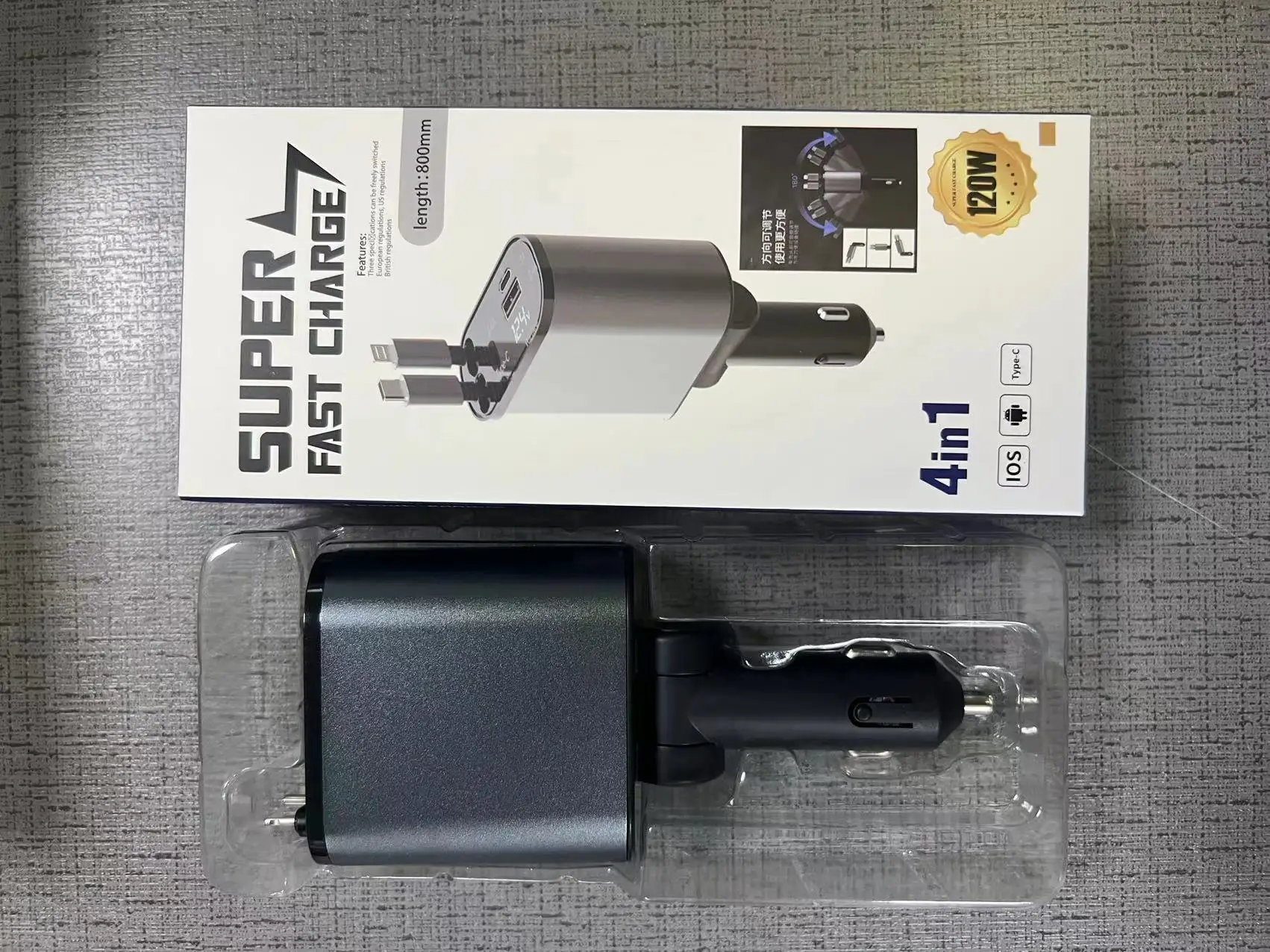 Fast Usb C Retractable Car Charger Led Digital Display 120w 4 In 1 Quick Adapter 2 Port Type C ...