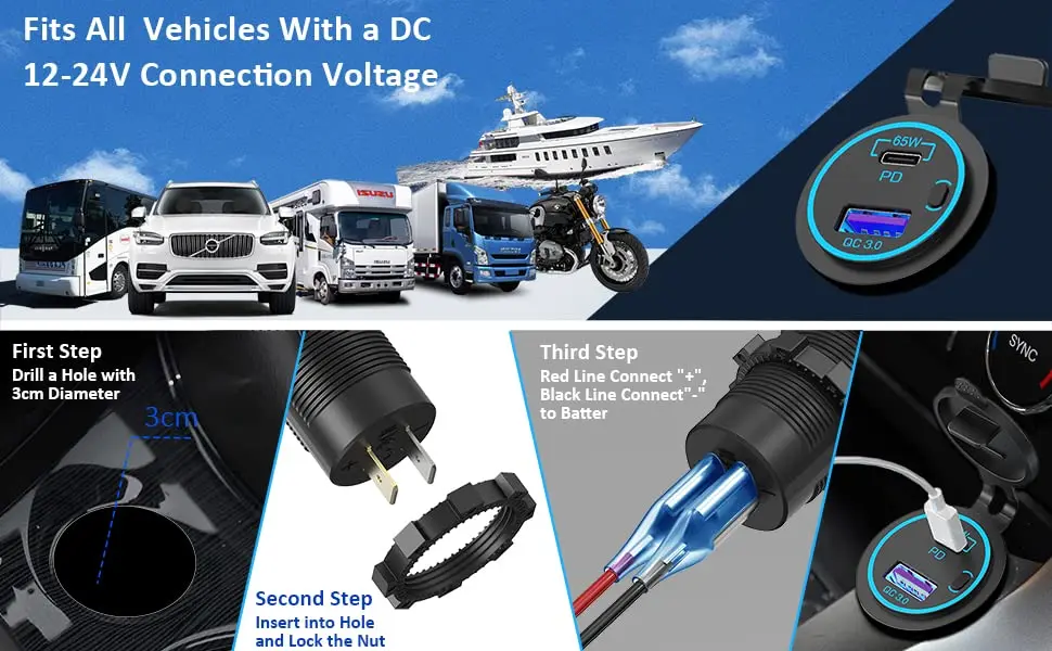 65W Type C PD 12V / 24V Led Light QC3.0 Dual USB Socket for Car ...