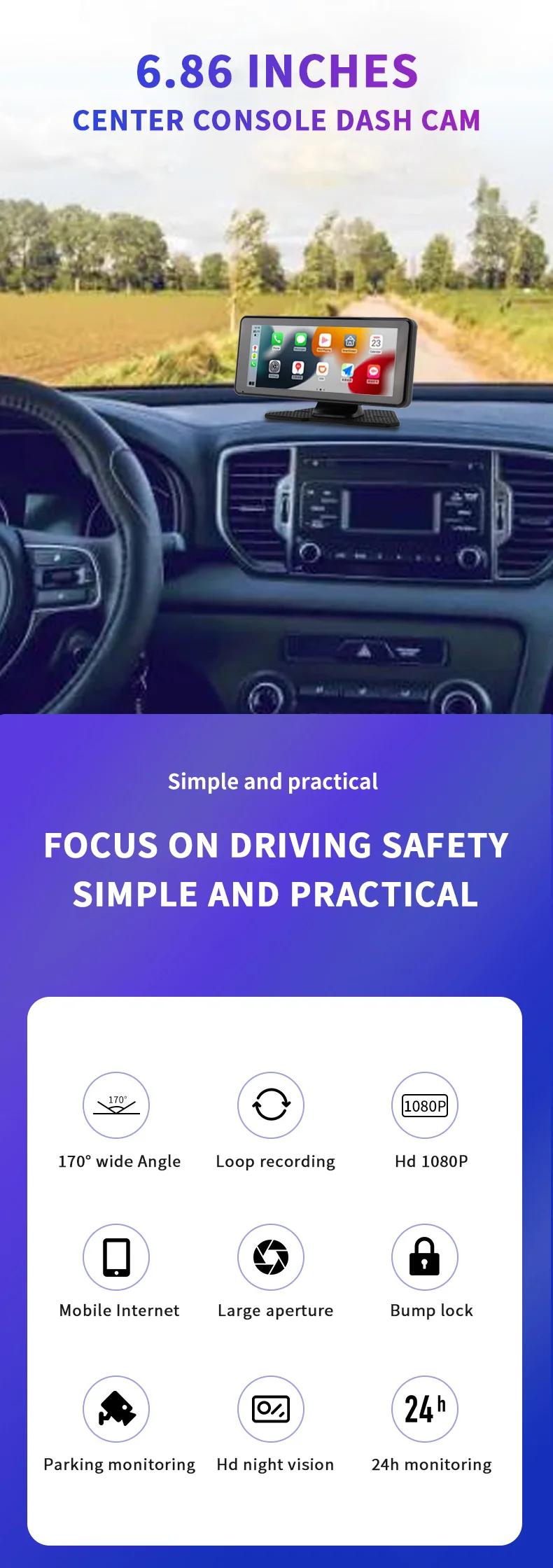 Portable Car Display Screen Dual Lens Camera Wireless Carplay Android ...