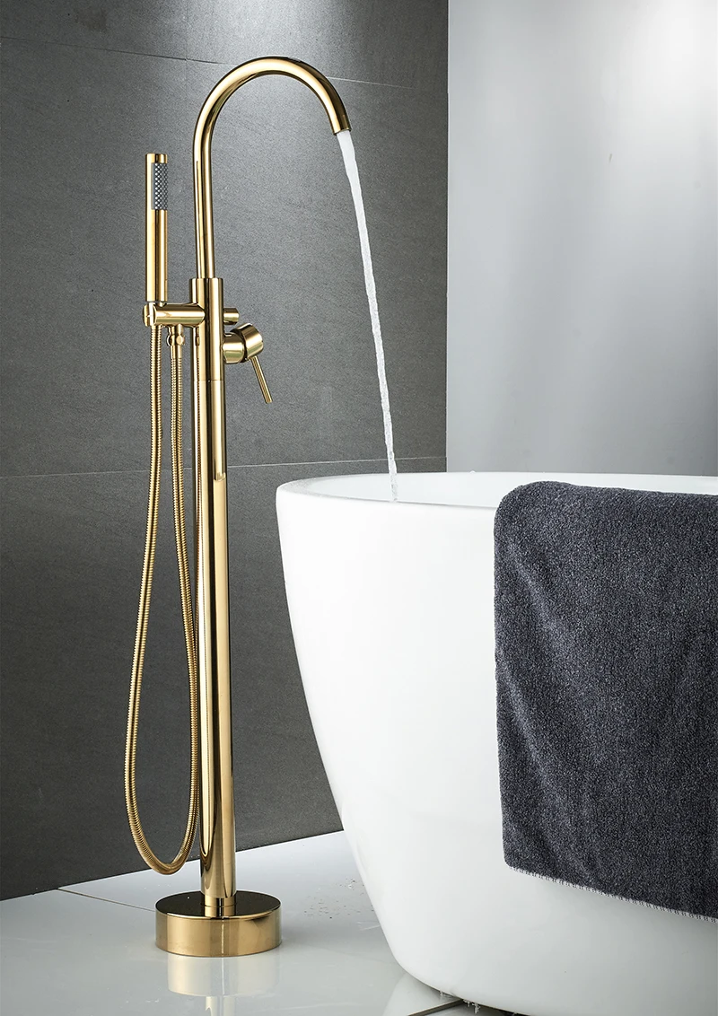 Gold Brass Floor Stand Faucets Bathroom Bathtub Free Standing Dual ...