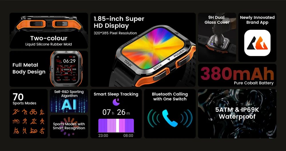 Kospet Tank M2 Smart Watch For Men Call Outdoor 1.85" Hd Screen Fitness ...