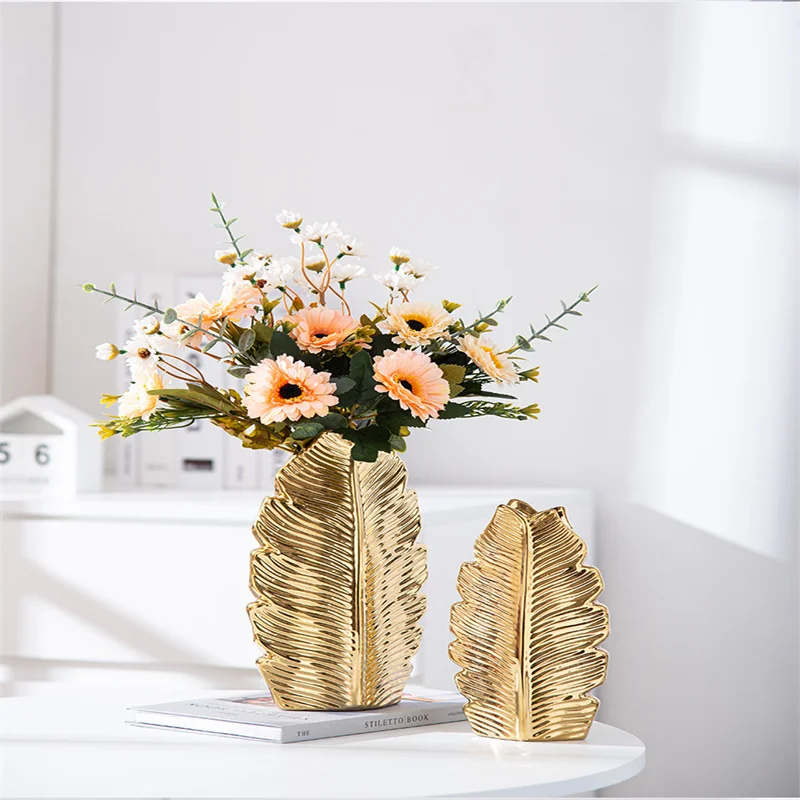 Leaf Ceramic Vase Electroplated Floral Flower Insert Home Decoration ...