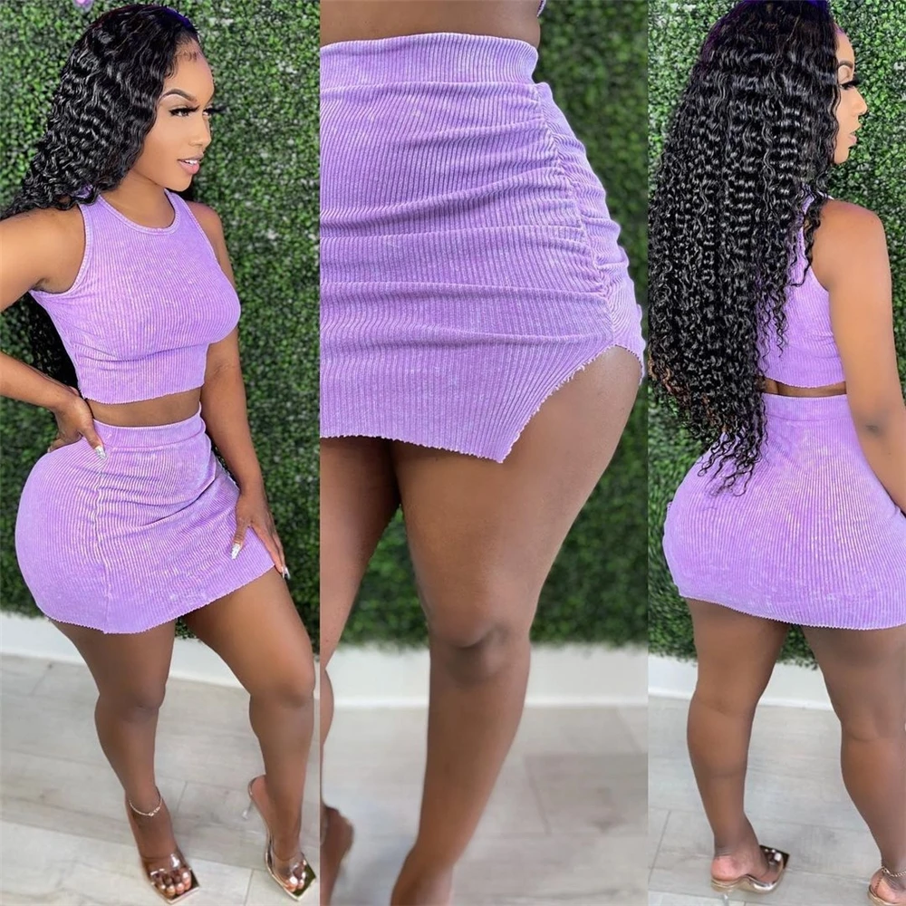 Summer New 2pc Cotton Skirt Sleeveless Crop Top Two Pieces Outfit Slit