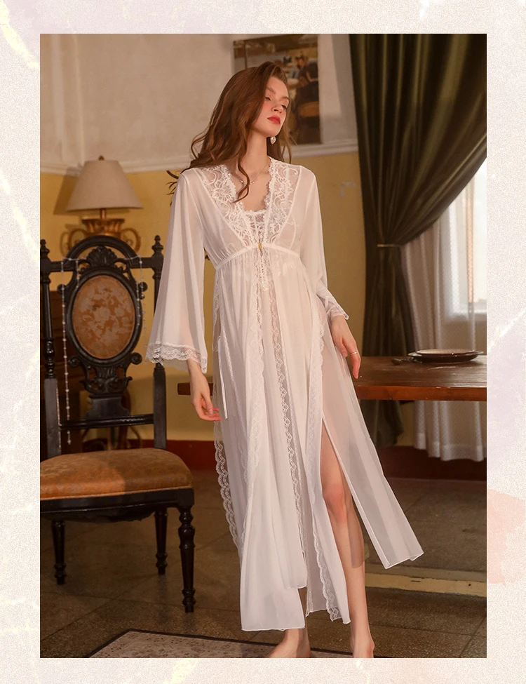Women Hot Nighties High Split Sheer Mesh Lace Night Dresses And Robe Sleepwear Set Gr2291 - Buy ...