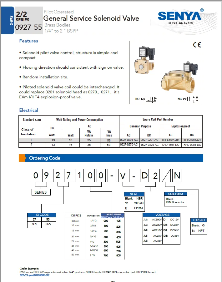 0927 Serie 220V 24V 2/2 Way Brass Solenoid Valve Normally Closed Water ...