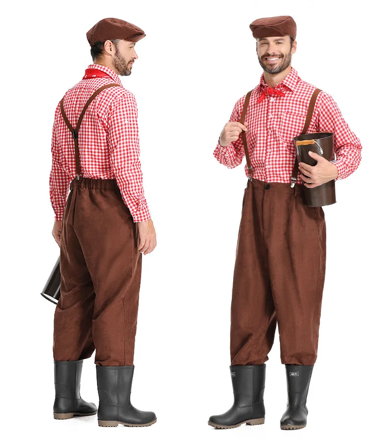 Medieval Colonial Costume - Adult Suspenders & Plaid Overalls for Halloween