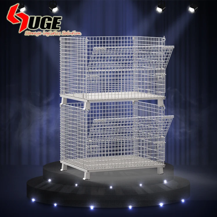 Industrial Wire Mesh Basket Cage Galvanized Stackable Wire Mesh Container For Warehouse Storage ...